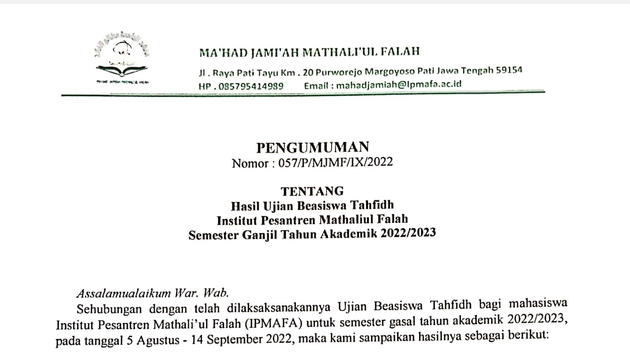 Pengumuman Hasil Ujian Tahfidh Institut Pesantren Mathali'ul Falah ...